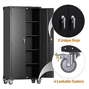 Aobabo Metal Garage Storage Cabinet on Wheels, Double Handle Lock Steel Storage Cabinet with 2 Doors, 4 Shelves Adjustable Black, Assembly Required