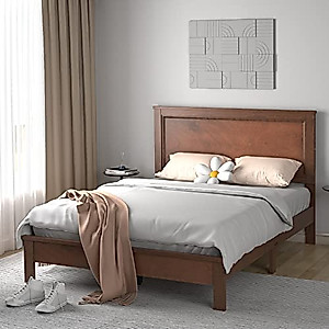 KOMFOTT Wood Full Bed Frame with Headboard, Mid Century Platform Bed with Solid Wood Slats Support & Rubber Wood Legs, Slatted Bed Mattress Foundation, No Box Spring Needed, Easy Assembly