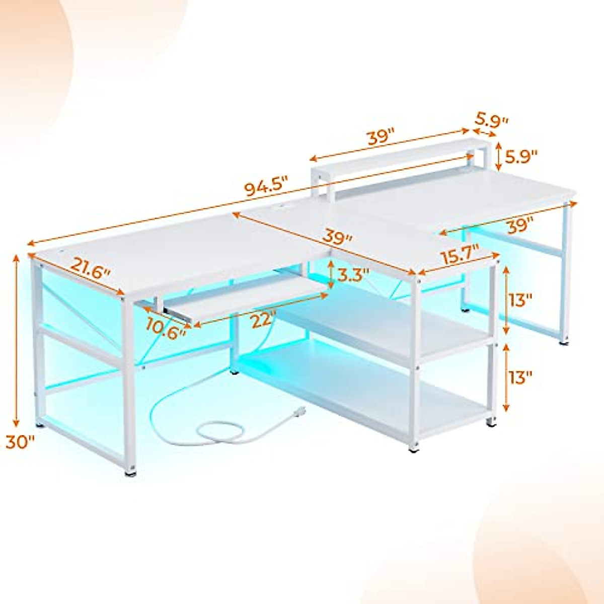 SEDETA 94.5" White Computer Desk, Two Person Gaming Desk with LED Light, Keyboard Tray, Power Strip with USB, Monitor Shelf & Storage, Extra Long Double Desk for Home Office, White.