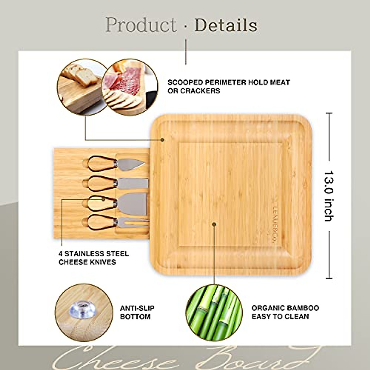 LENUE Premium Bamboo Cheese Board - Large Charcuterie Platter with Stainless Steel Knife Set - Wood Serving Tray and Accessories - Perfect for Birthday, Bridal Shower, Housewarming & Wedding Gifts
