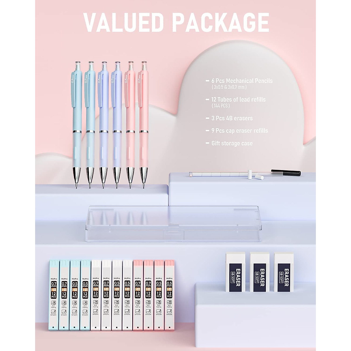 Nicpro 6 PCS Pastel Mechanical Pencil 0.5 & 0.7 mm for School, with 12 tubes HB Lead Refills, 3 Erasers, 9 Eraser Refills For Student Writing,Drawing,Sketching, Blue & Pink & Violet Colors - With Case