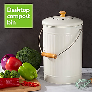 TreaHome Compost Bin, 1.7 Gallon Kitchen Compost Bin , Indoor Countertop Compost Bin, White Countertop Compost Bin with Lid, 100% Rust Proof Compost Bucket with Non-Smell Charcoal Filters (White)