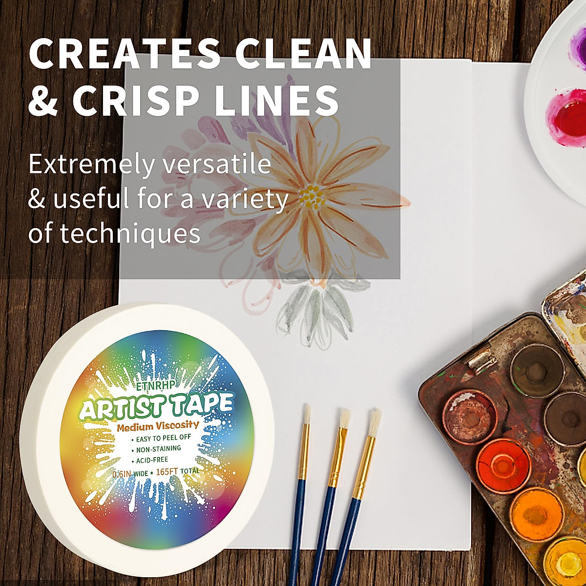 ETNRHP White Art Tape Medium Tack Artist Masking Tape Paper Acid Free Tape Watercolor Painters Tape Artists Tape for Drafting Art Watercolor Painting Canvas Framing, 0.6 inch Wide 165FT Long