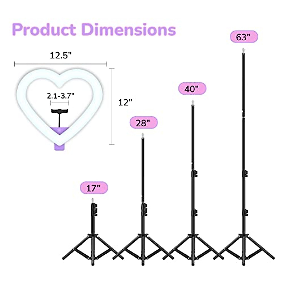 Dixie & Charli 13" Heart Shaped Color LED Ring Light Cell Phone Holder with 63" Tripod Stand and Wireless Remote