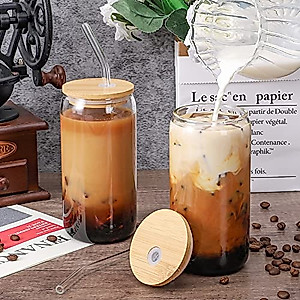 Drinking Glasses with Bamboo Lids and Glass Straw 8pcs Set, 16oz Beer Glasses Glass Cups, Iced Coffee Glasses, Ideal for Whiskey, Soda, Tea, Great Gift + 2 Cleaning Brushes