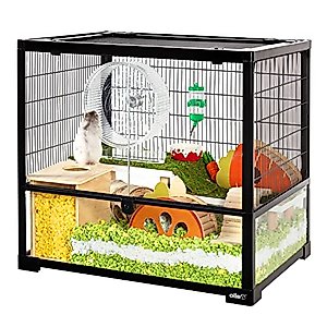 OIIBO Glass Hamster Cage, 24" L x 18" W x 22" H Large Gerbil Cage with Mesh Sides Well Ventilated, Chew-Proof Small Animal Cage Large Glass Hamster Cage for Hamster Gerbil Syrian Guinea Pigs