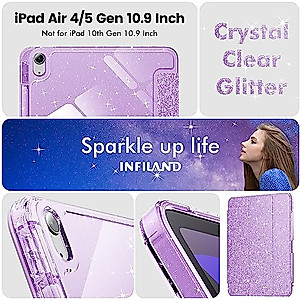 INFILAND Compatible with iPad Air 5th Generation Case 2022, iPad Air 4th Generation Case 2020 10.9 inch, Glitter Leather Cover with Sparkly Crystal Clear Back, Pencil Holder, Anti-Yellowing, Purple
