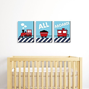 Big Dot of Happiness Railroad Crossing - Steam Train Baby Boy Nursery Wall Art and Kids Room Decorations - Gift Ideas - 7.5 x 10 inches - Set of 3 Prints