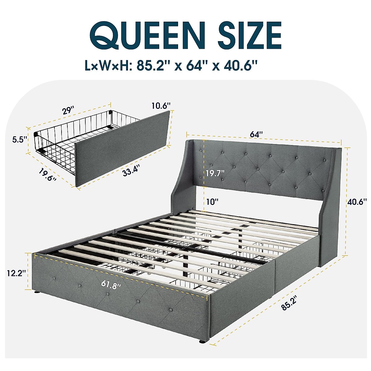 WEEWAY Upholstered Queen Size Bed Frame with 4 Storage Drawers and Wingback Headboard, Button Tufted Design, No Box Spring Needed, Easy Assembly, Light Grey