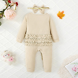 Mikrdoo 3-6 Month Baby Girl Clothes One-sies Sleeper Fall Winter Outfits Long Sleeve Little Girls' Clothing One-Piece Zipper Romper Infant Clothe Set with Headband for 3-6M Baby Apricot
