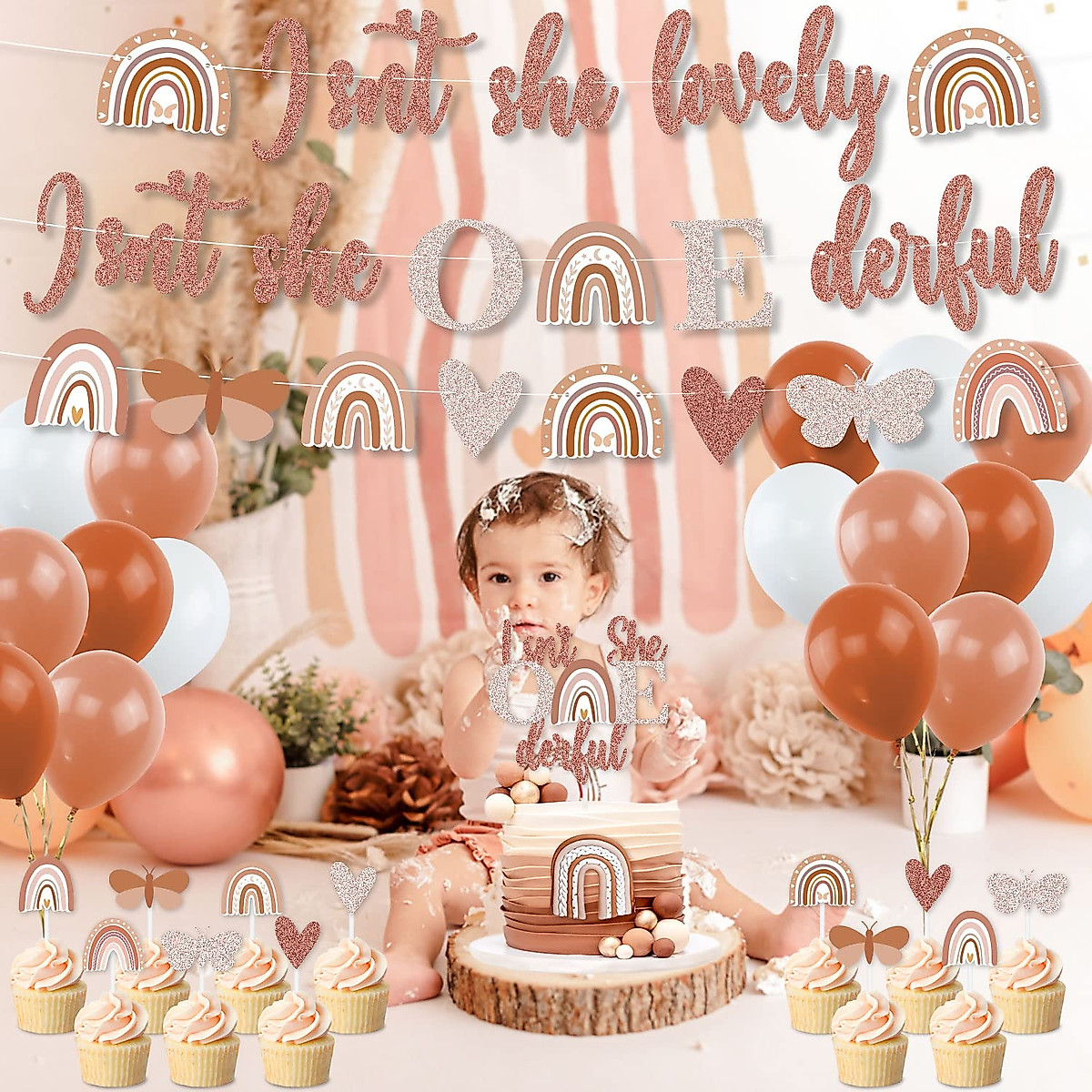 Boho Rainbow 1st Birthday Decorations,Boho First Party Decorations Isn't She Lovely and Isn't She Onederful Banner Cake Toppers and Balloons for Boho Theme Party First Birthday Girls