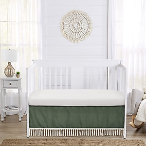 Sweet Jojo Designs Dark Green Boho Chic Girl Boy Unisex Baby Crib Bed Skirt Nursery Dust Ruffle Solid Sage Hunter Ivory Bohemian Gender Neutral Linen Macrame Modern Farmhouse Designer Minimalist Tuft