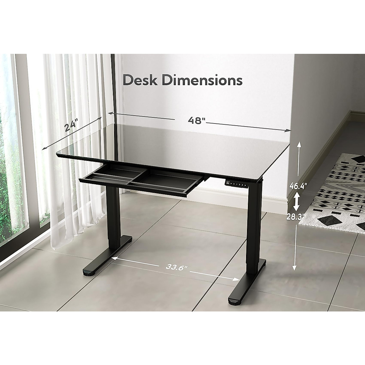 INNOVAR Glass Standing Desk with Drawers, 48×24 Inch Adjustable Stand Up Desk, Quick Install Home Office Computer Desk, Black