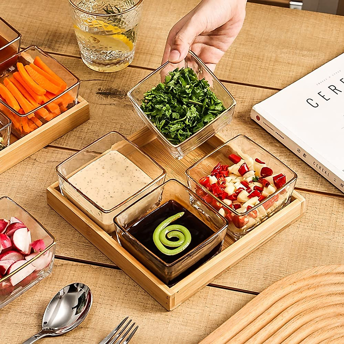 WAOCEO Appetizer Bowls Four-square Glass Snack Dish and Chassis Home Restaurant Divided Fruit Snack Dried Fruit Plate Side Dish Dipping Saucer Salad Bowls (Color : Brass)