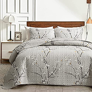 3 Pieces Quilt Set Queen Full Size 88x88 Gray Branch Floral Style Soft Reversible Microfiber Lightweight Coverlet Bedspread Summer Bedding Set Bed Cover for All Season (1 Quilt+ 2 Shams)
