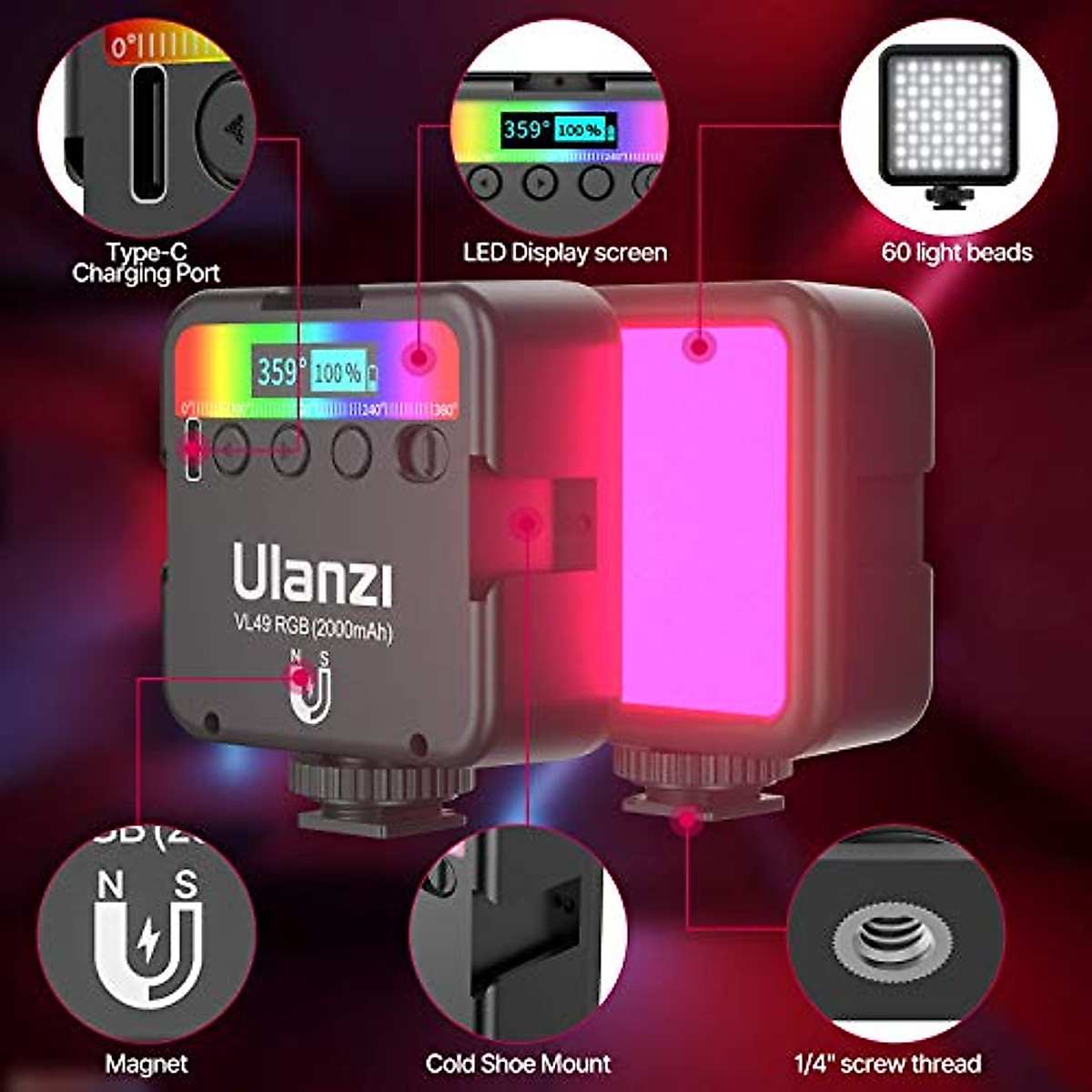 VIJIM Ulanzi VL49 RGB Video Light w 3 Cold Shoe,Mini Rechargeable LED Camera 360degFull Color Portable Photography Lighting Support Magnetic Attraction,2500-9000K Dimmable LED Panel Lamp w LCD Display