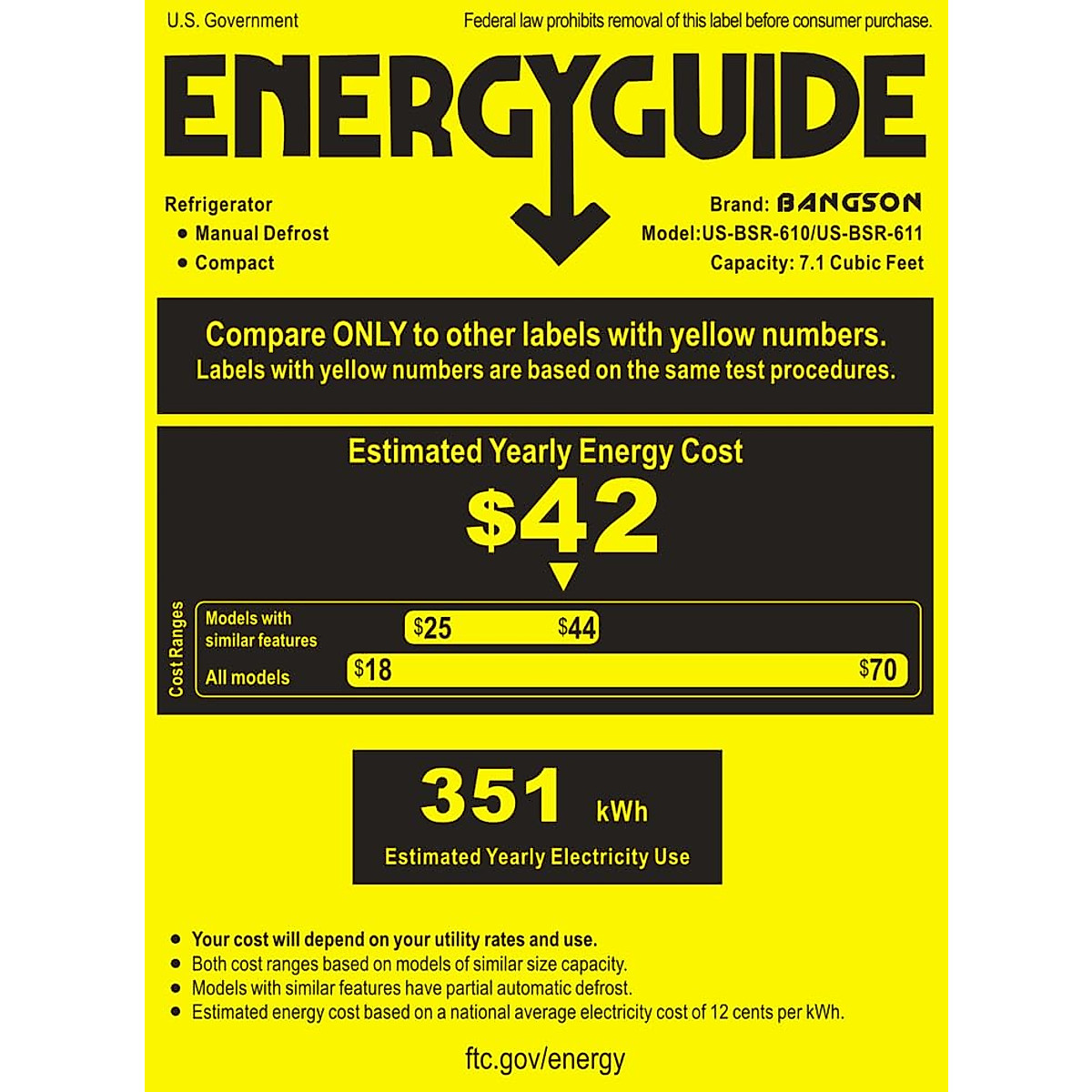 BANGSON 7.1 Cu.Ft Refrigerator with Freezer, Apartment Size Fridge with Bottom Freezer, Large Capacity, Energy Saving, Adjustable Thermostat, Low Noise, Black