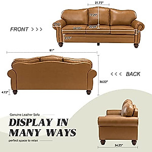 HULALA HOME 81'' Upholstered Leather Sofa with Nailhead Trim and Rolled Armrests, Mid-Century Modern Living Room 3-Seater Couch, Camel Couch with Removable Cushion for Bedroom Apartment