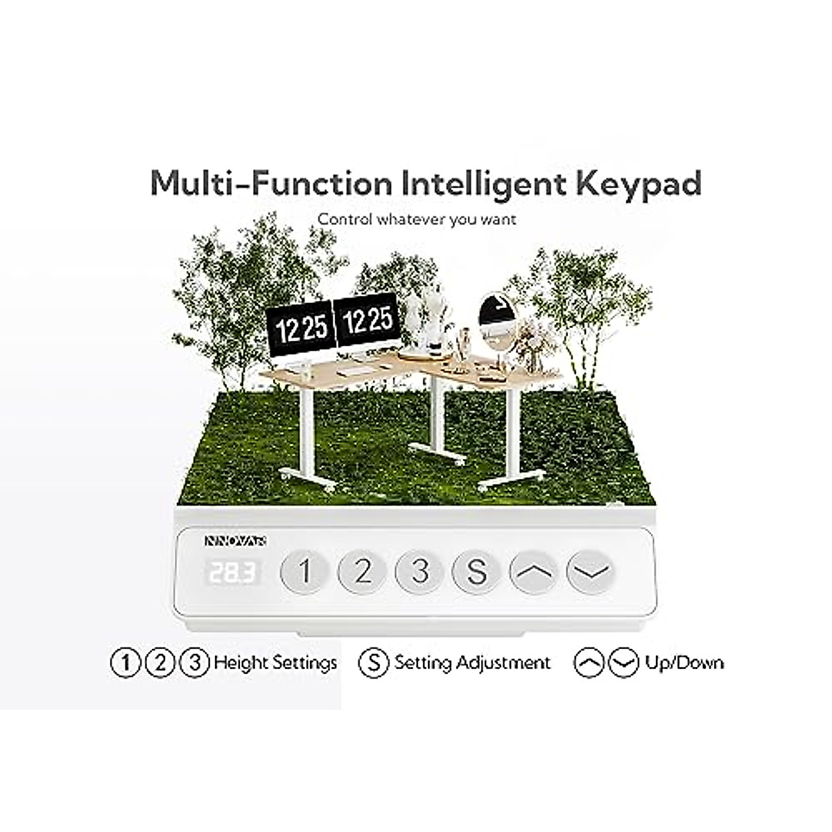 INNOVAR Solid Wood Triple Motor L Shaped Standing Desk, 63 x 55 inch Corner Stand Up Desk, Adjustable Height Home Office Desk, White Frame/Nature Top