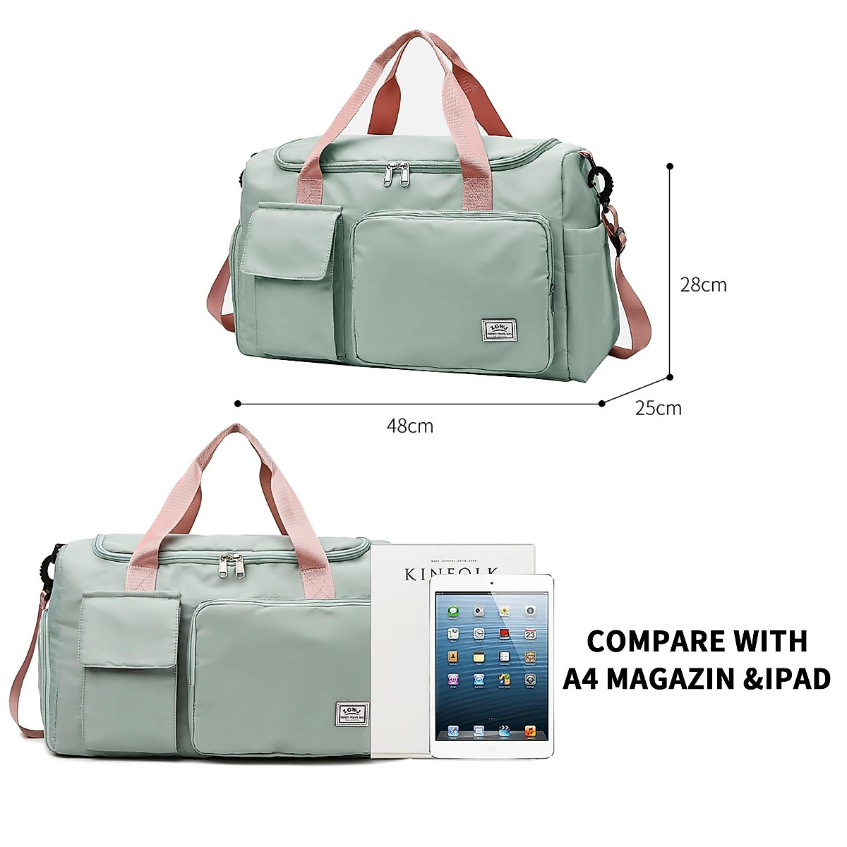 Travel Duffel Tote Bag with Dry Wet Separation Pocket, Weekender Bag for Women and Men，Waterproof Bag with Shoe Compartment Lightweight and Easy Carry on Green