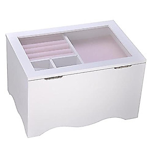 Ampersand Shops Elegant Jewelry Chest Box Storage Organizer with Mini Drawers and Mirror for Rings, Earrings, Bracelets and Necklaces (White))
