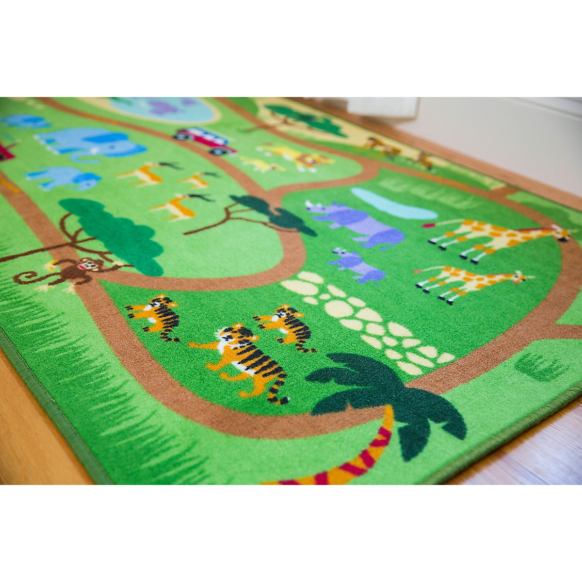 Wildkin Kids Educational Play Rug for Boys and Girls, Features Skid-Proof Backing and Serged Borders, Play Rugs Measures 80 x 39 Inches with Durable Nylon Material, Olive Kids (Dinosaur Land)