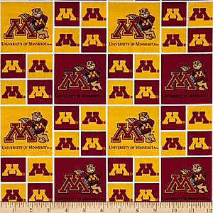 NCAA Minnesota Golden Gophers Patches Allover Red/Yellow, Quilting Fabric by the Yard