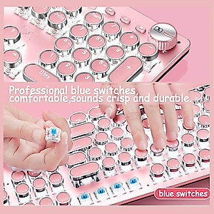 CC MALL Gaming Keyboard,Retro Punk Typewriter-Style, Blue Switches, White Backlight, USB Wired, for PC Laptop Desktop, Stylish Pink Mechanical Keyboard (Round Keycaps)
