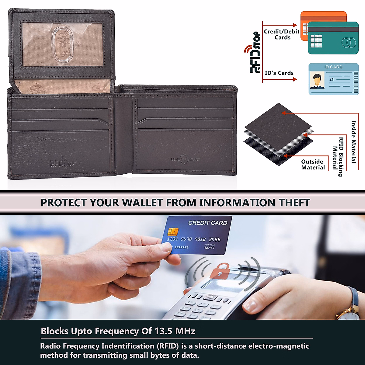 Mens Leather Wallet Rfid Blocking Slim Bifold Front Pocket Flip ID Window With 12 Slots | Real Chrome Free Leather | Multiple Card Holder | Compact Premium Best Handmade Gift (Chocolate Brown)