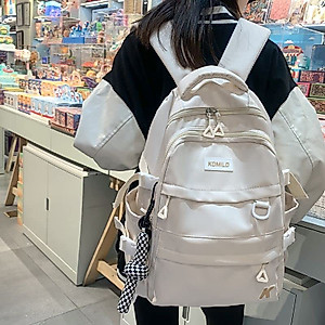 Large Simple Kawaii Backpack with Pendant for Girl Teen College Student High School Laptop Book Bag Travel Waterproof (Beige)