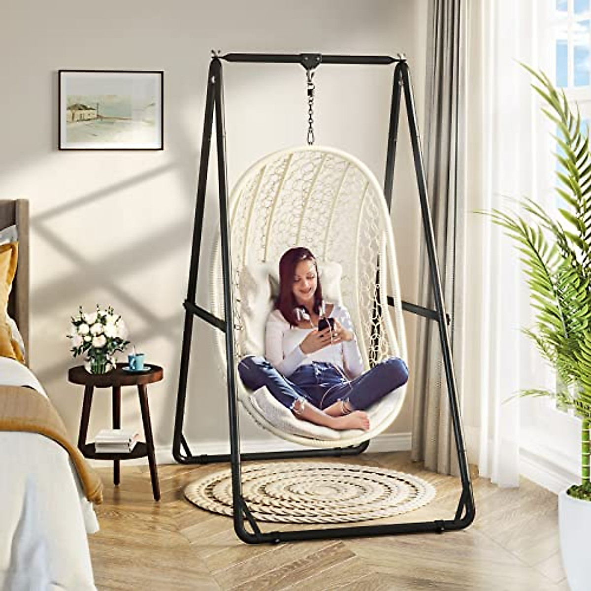 GREENSTELL Hammock Chair Stand, Swing Stand with 3 Hooks Fit for Most Hanging Chair, Ground Nails for Outdoor or Rubber Clamps for Indoor, Hanging Stand Only Max Load 551Ibs, Swing Chair not Include