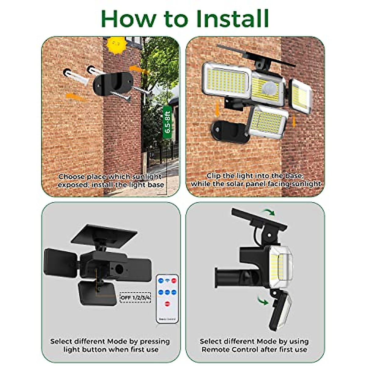 Mokot Solar Outdoor Lights, 288 LED IP65 Waterproof Motion Sensor Outdoor Lights with Remote Control, 4 Heads Solar Flood Lights for Garden Patio Yard Area Light - 2Pack