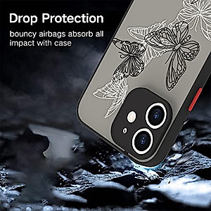 LSL Compatible iPhone 12 Black and White Butterfly Case, Translucent Matte Soft TPU Bumper Case Cute Black and White Butterfly Print Pattern Design Hard PC Back Clear Case 6.1 Inch
