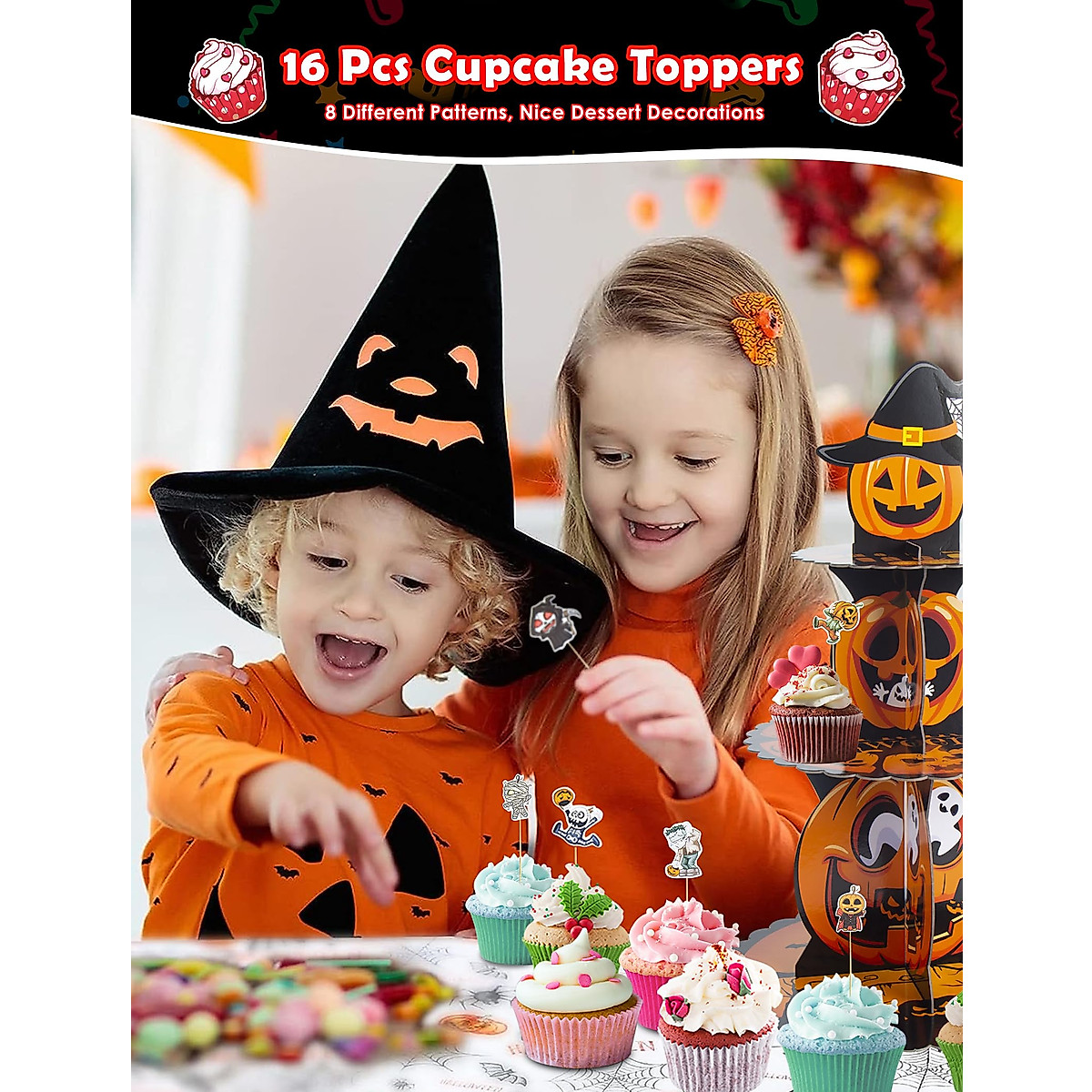 JROYJOY 3 Tier Halloween Cupcake Stand, Cupcake Tower with 16 Pcs Pumpkin Cupcake Toppers, Cake Stand for Dessert Table, Cupcake Display Stand for 24 Cupcakes Party Supplies Halloween Decorations
