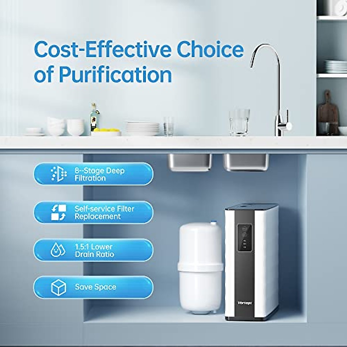 Vortopt Under Sink Reverse Osmosis System - 400 GPD Ro Water Filter System with Tank,Fast Flow, TDS Reduction,1.5：1 Pure to Drain, Water Filtration for Sink,USA Tech,Drinking Water Purifier,QR06
