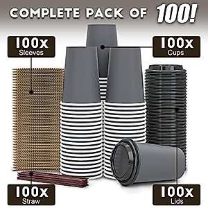 SPRINGPACK Disposable Coffee Cups To Go with Lids Sleeves and Straws 100% Biodegradable & Compostable Pla Eco Friendly Paper Coffee Cups 100 Sets of 12 oz for Tea Coffee Hot Chocolate