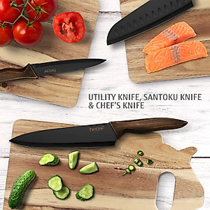 hecef Knife Set Black of 5 with 12 Inch Magnetic Knife Strip, Comes with Protective Blade Cover