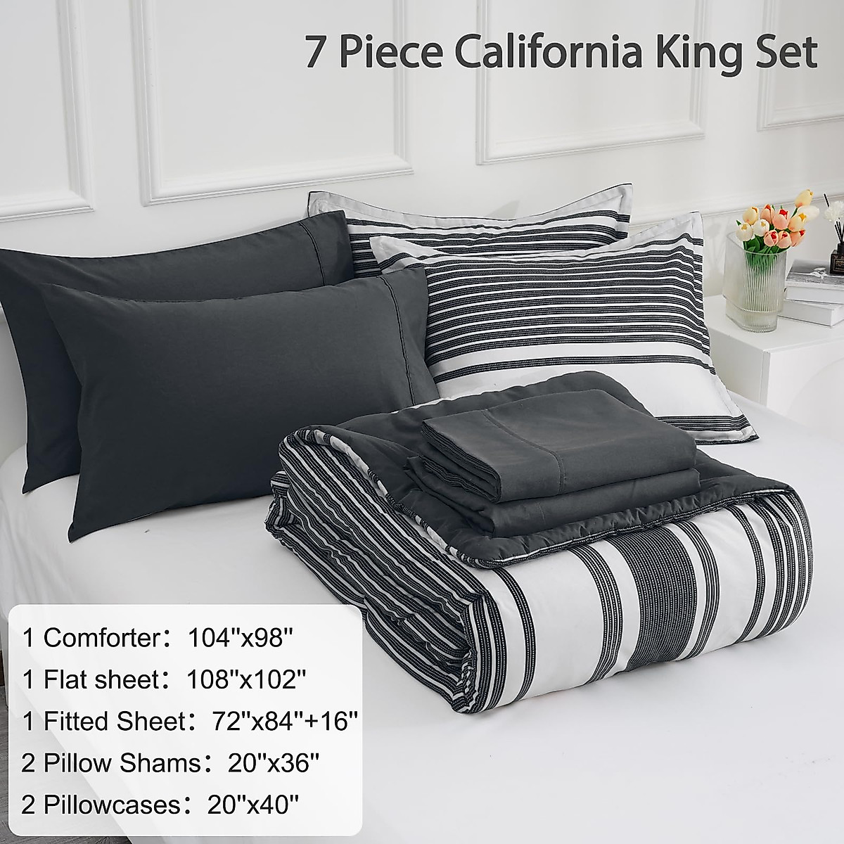 PHF 7 Pieces California King Comforter Set, Striped Bed in A Bag, Charcoal Grey White Bedding & 18" Deep Pocket All Season, Ultra Soft Bedding Sets with Comforter, Sheets, Pillowcases & Shams