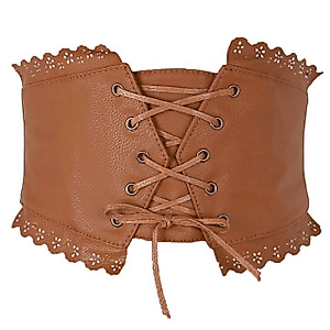 Ayliss Womens Elastic Wide Band Lace-Up Corset Cinch Belt with Press Button, Fit waist 24.8"-32.7", Brown
