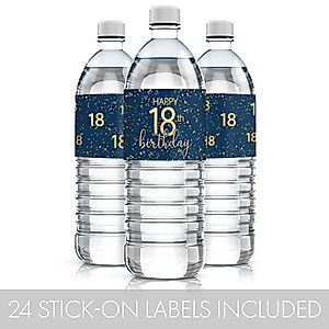 Navy Blue and Gold 18th Birthday Party Water Bottle Labels, Waterproof Sticker - 24 Count, 18th Birthday Decorations