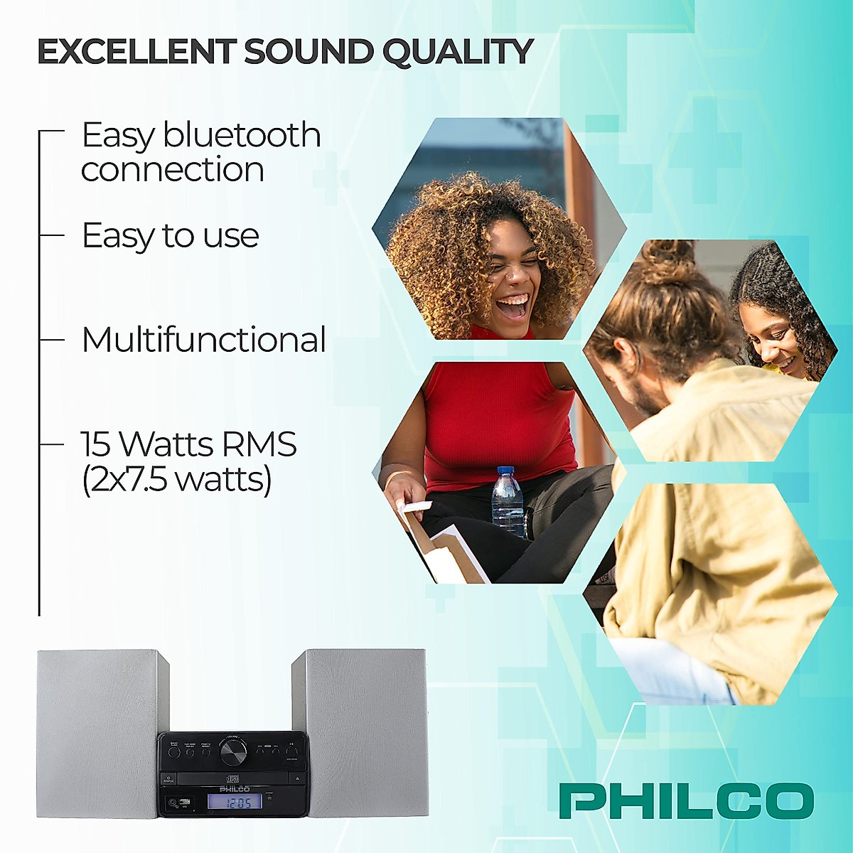 Philco Stereo Shelf Systems Tray Loading CD Player with Digital FM Radio, Bluetooth Streaming, Remote Control in Silver | LCD Display | 3.5mm Headphone Jack | MP3 & AUX Port Compatible | USB Input