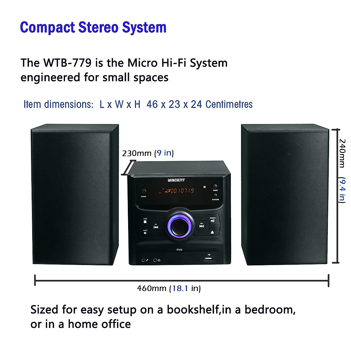 WISCENT Stereo Shelf System for Home with Bluetooth, CD Player, FM Radio, Mini Stereo DVD Player, USB MP3 Playback, AUX ,Mic, Headphone Jack, 30W Home Stereo (Compact Micro HiFi CD DVD Player)
