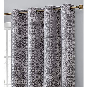 HLC.ME Mia Moroccan Tile 100% Complete Blackout Heavy Thermal Insulated Energy Savings Heat/Cold Blocking Grommet Short Curtain Drapery Panels for Bedroom & Living Room, 2 Panels (52 W x 63 L, Grey)