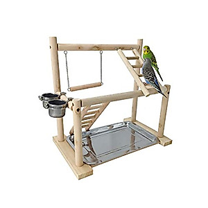 MINORPET Pet Bird Playpen, Wood Parrot Playstand Bird Playground Perch Gym Ladder with Toys Exercise Play, 2 Feeder Cups, Easy Assemble