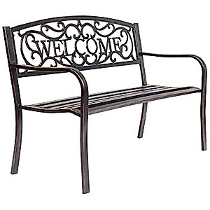 Giantex Garden Bench, Antique Metal Outside Bench w/Warm Welcome Pattern, Elegant Bronze Finish and Durable Metal Frame for Park Yard Porch Chair (Bronze)