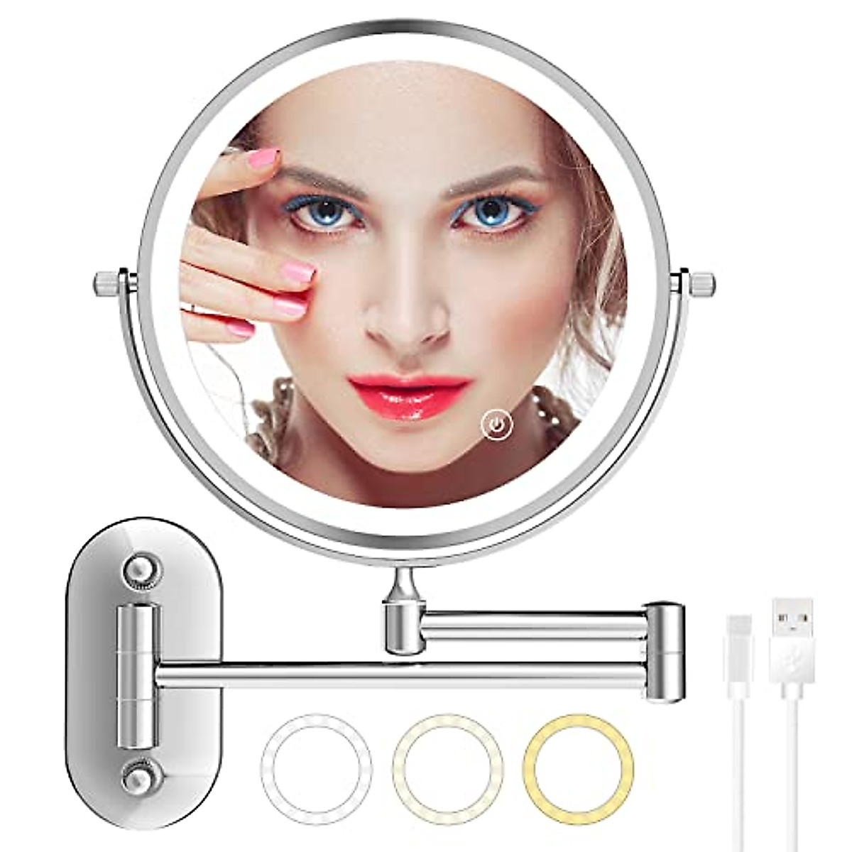 Rechargeable Lighted Wall Makeup Mirror, 2-Sided 1X 7X Magnifying, 8 Inch Lighted Wall Mount Mirror with Medical-Grade 3 Color Lights, Touch Screen Dimming, Extended Arm 360 Rotation (Chrome)