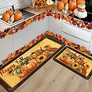 Happy Fall Pumpkin Decorative Kitchen Rugs Set of 2,Non Skid Washable, Home Seasonal Fall Holiday Party Autumn Harvest Thanksgiving Kitchen Mat 17"x47"+17"x30"