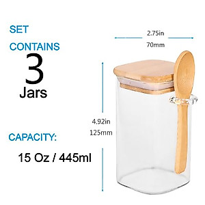 SAIOOL Glass Jars Set of 3 * 15 OZ-Food Storage Containers Clear Kitchen Canister with Bamboo Spoon Airtight For Serving Candy,Coffee Tea, Flour, Sugar, Cookie, Cereal(Square
