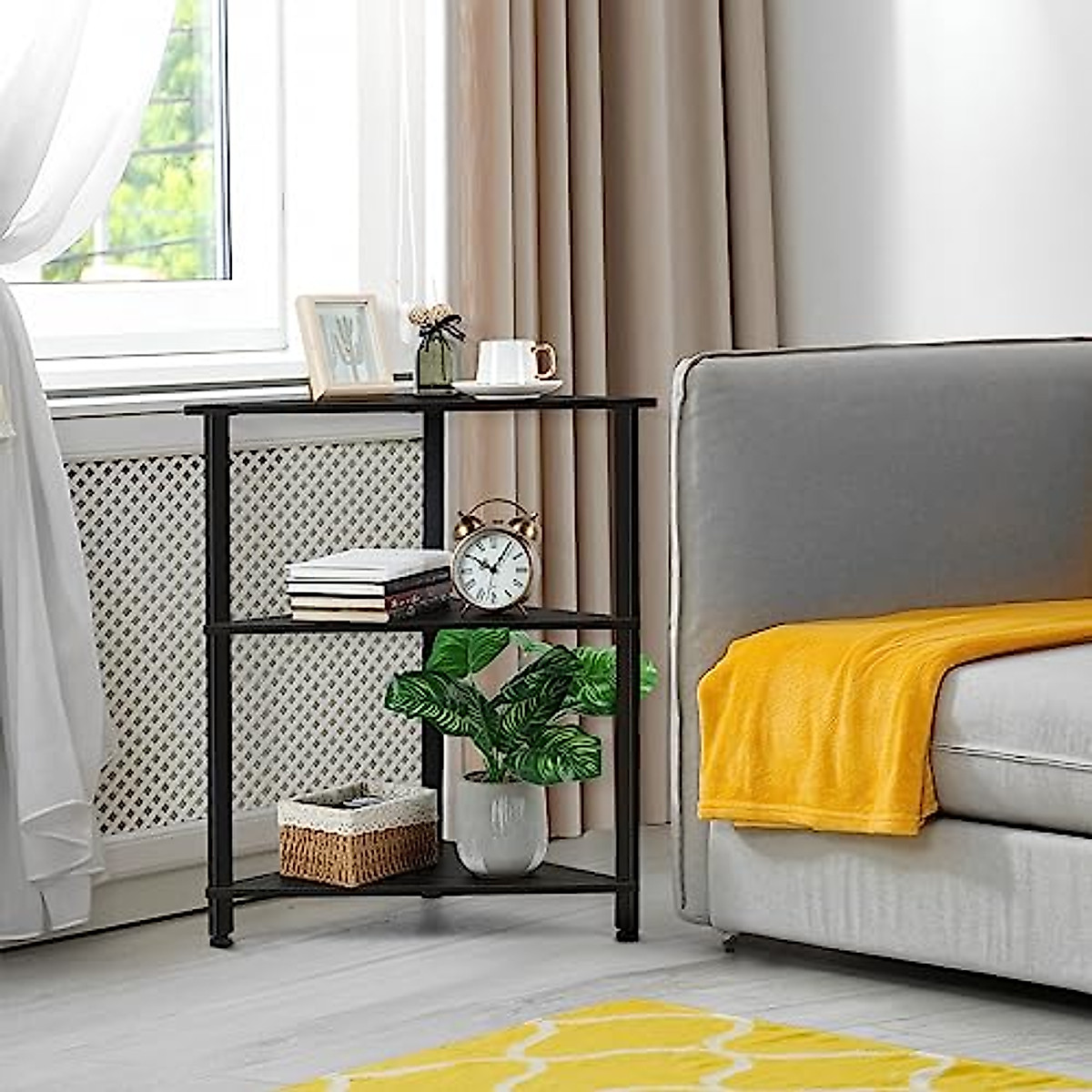 Fogein 3 Tier Corner Shelf, Triangle End/Side Table, Corner Nightstand, Corner Bookshelf with Metal Frame Corner Shelf Stand for Small Space Living Room(Black)
