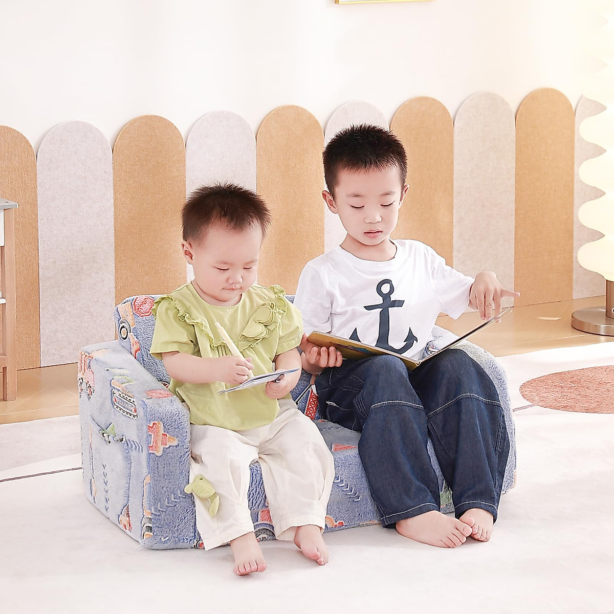 Tiita Kids Sofa Chair, 2 in 1 Toddler Fold Out Couch, Comfy Kids Sofa for Playroom-Extra Soft 2 Seats, Glow in The Dark Children Couch to Lounger for Girls Boys, Vehicles